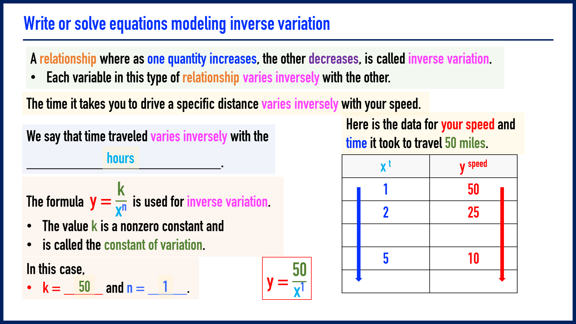 156. Write or solve equations modeling inverse variation | LESSON COURSE 105 - L - V & I | FUVI ...